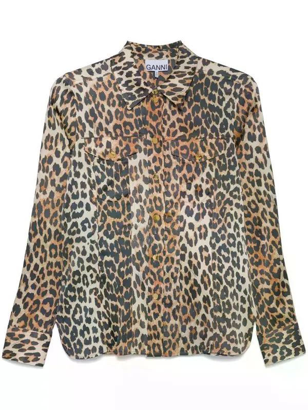 GANNI Leopard-print Satin Shirt - Brown