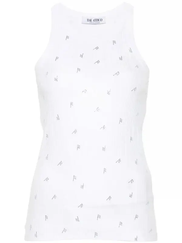 Attico Rhinestone Logo Ribbed Tank Top - White