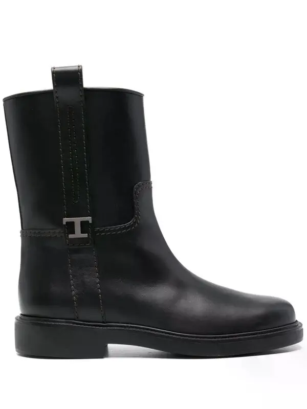 TOD'S Leather Biker Boots With T Timeless Logo - Black