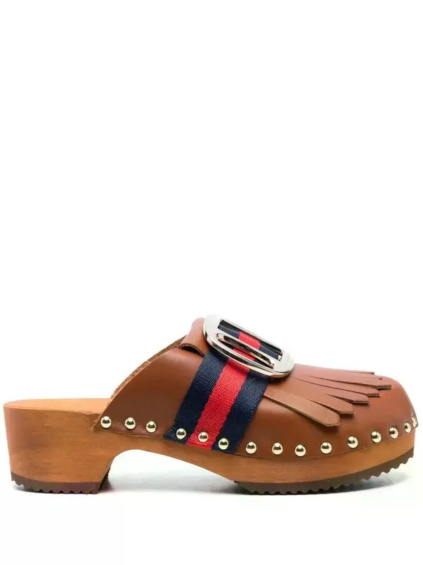 MAISON JEJIA Leather Studded Fringed Clogs - Brown