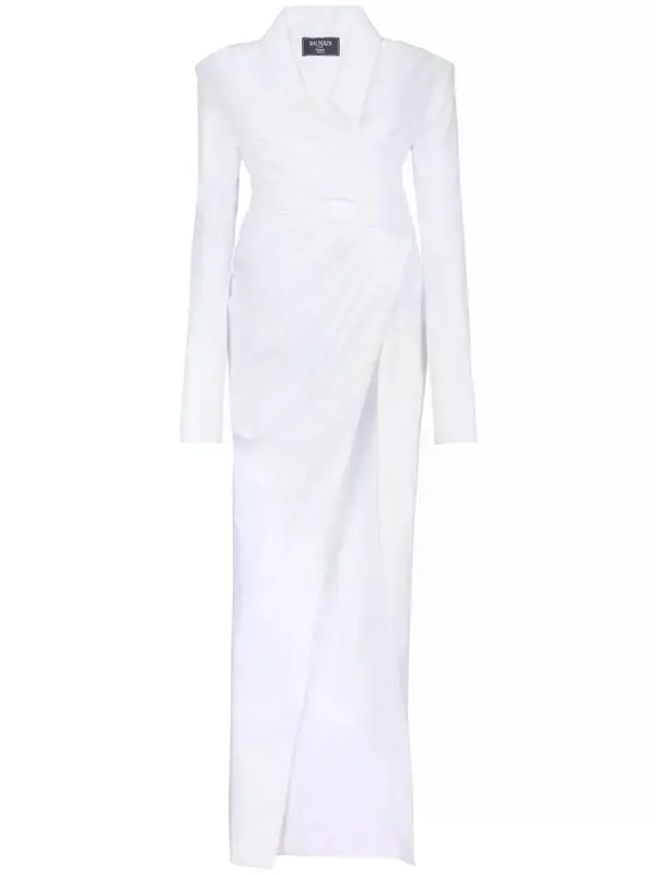 Balmain Strapless Draped Bustier Gown - White