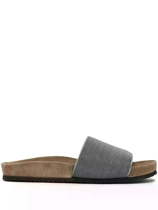 Brunello Cucinelli Monili-embroidered Leather Band Slides - Silver