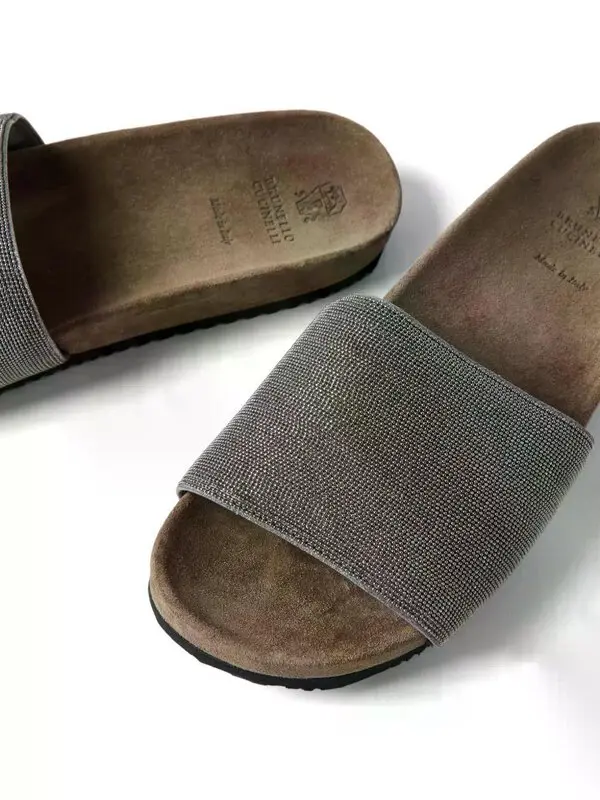 Brunello Cucinelli Monili-embroidered Leather Band Slides - Silver