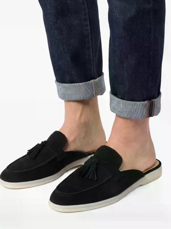 SCAROSSO Lucrezia Suede Mules With Tassel Detail - Black