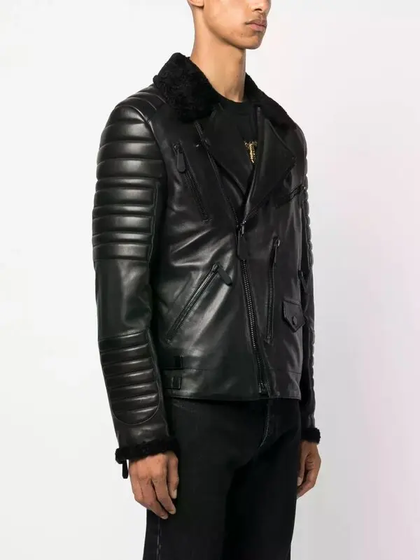 Philipp Plein Leather Biker Jacket With Shearling Collar