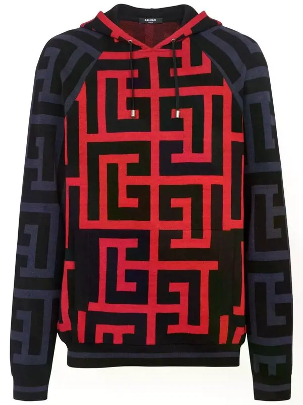 Balmain Monogram Print Drawstring Hoodie - Blue