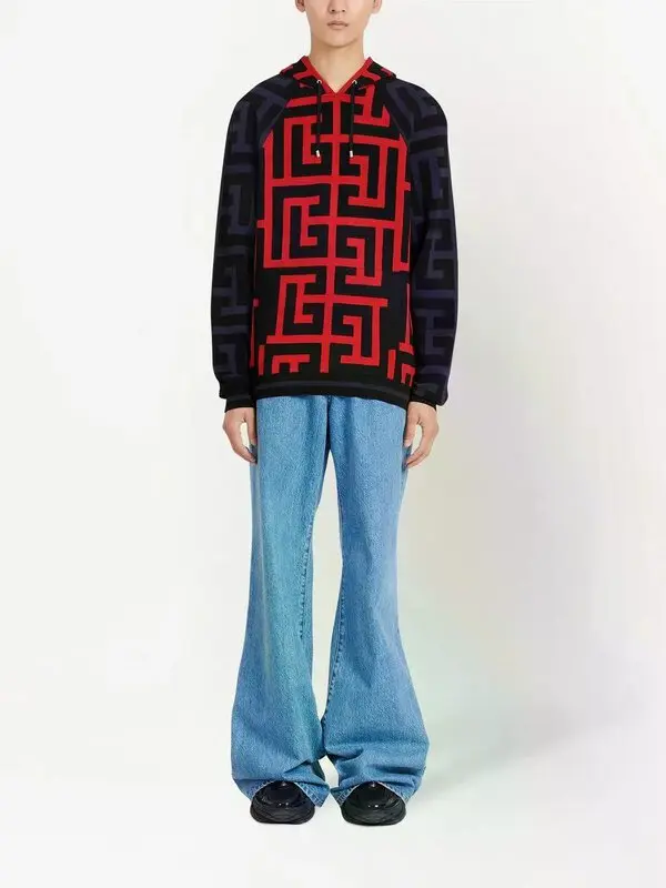Balmain Monogram Print Drawstring Hoodie - Blue