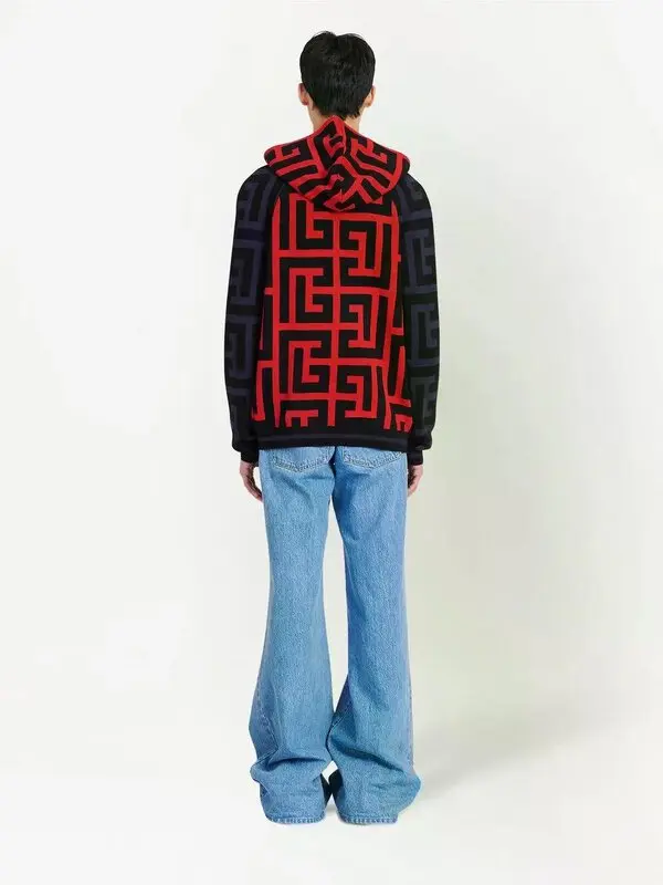 Balmain Monogram Print Drawstring Hoodie - Blue