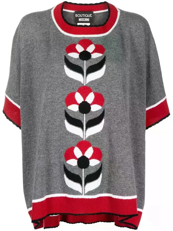 Moschino Intarsia Floral Knit Poncho Top - Grey