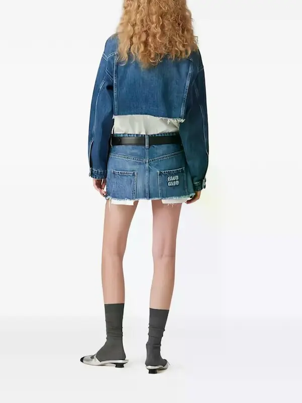 Miu Miu Cropped Denim Blouson Jacket With Embroidered Logo - Blue