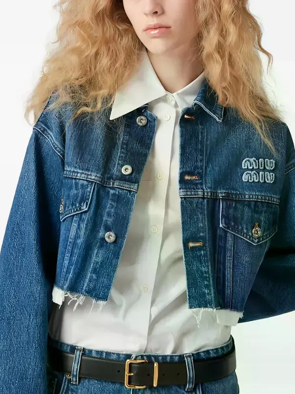 Miu Miu Cropped Denim Blouson Jacket With Embroidered Logo - Blue