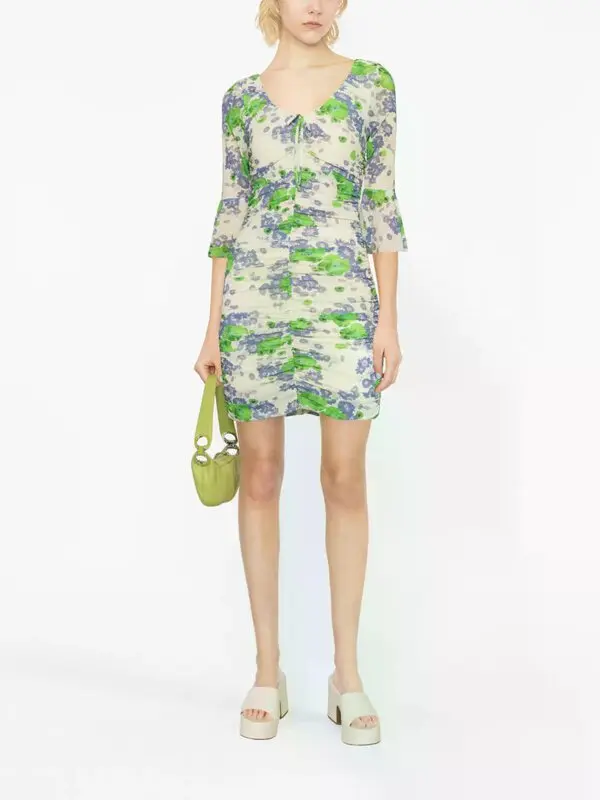 GANNI Floral-print Ruched Minidress - Neutrals