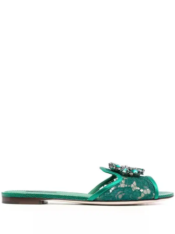 Dolce & Gabbana Bianca Rainbow Lace Brooch-detail Flat Sandals - Green
