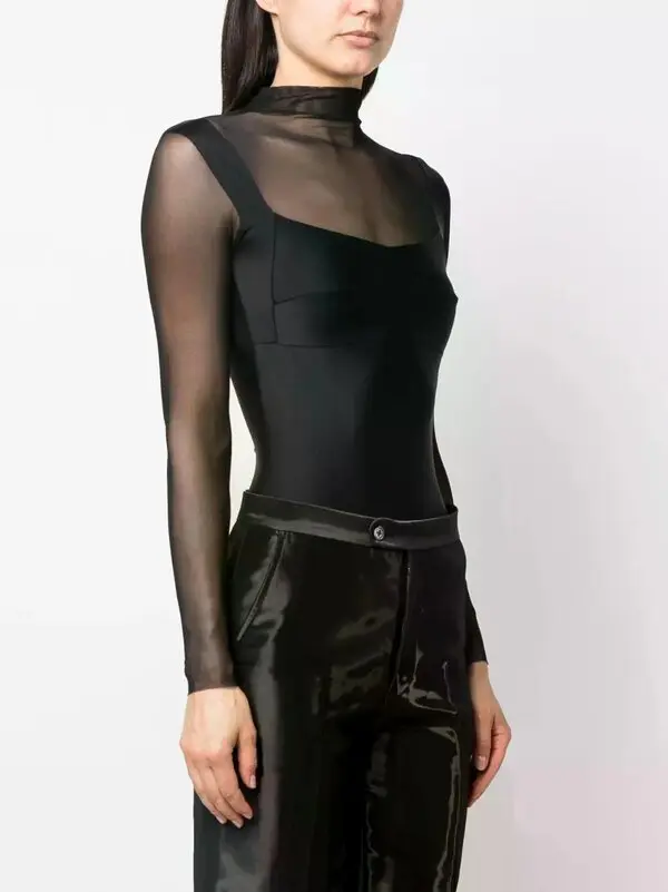 ATU BODY COUTURE Recycled Polyester Blend Sheer Sleeve Bodysuit - Black