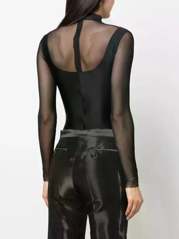ATU BODY COUTURE Recycled Polyester Blend Sheer Sleeve Bodysuit - Black