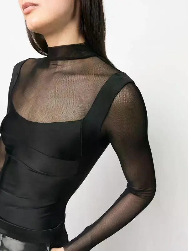 ATU BODY COUTURE Recycled Polyester Blend Sheer Sleeve Bodysuit - Black