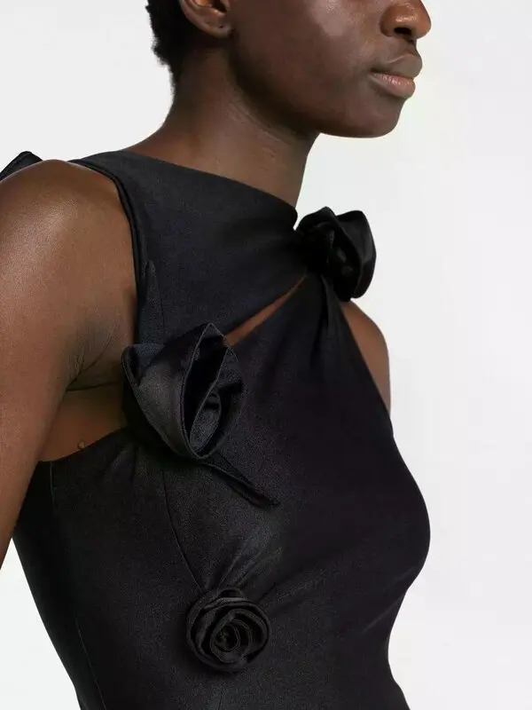 Coperni Asymmetric Midi Dress With Floral Embellishment - Black