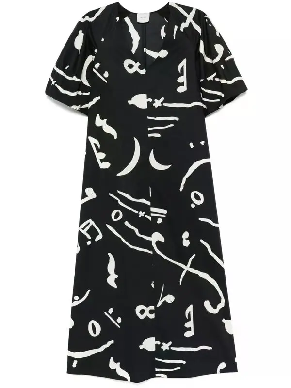 ALYSI Abstract Print V-neck Maxi Dress - Black