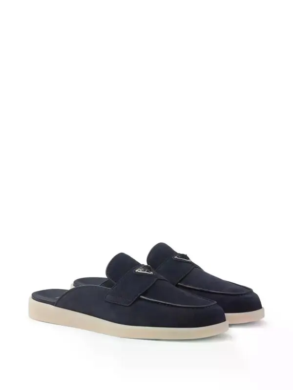 Prada Suede Slip-on Mules With Metal Logo Detail - Blue