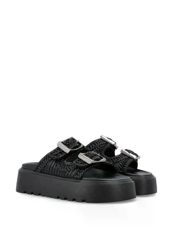 Casadei Leather Flatform Slides With Embroidered Motif - Black