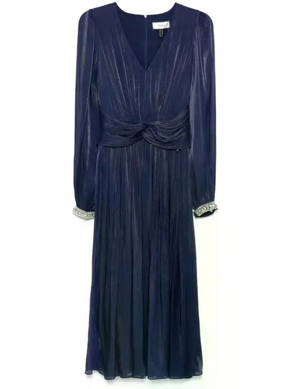 NISSA Pleated Chiffon Midi Dress With V-neck And Puff Sleeves