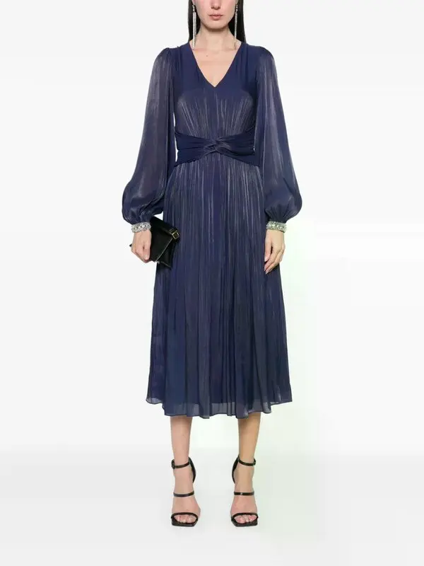 NISSA Pleated Chiffon Midi Dress With V-neck And Puff Sleeves