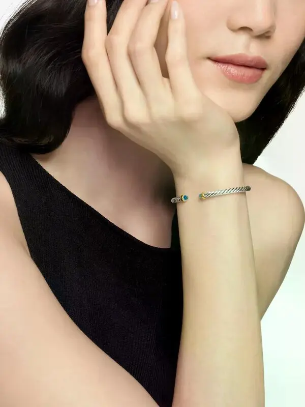 David Yurman 14kt Yellow Gold And Sterling Twisted Cable Flex Bracelet With Topaz - Silver