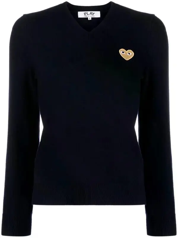 Play Comme Des Garcon V-neck Wool Sweater With Heart Patch - Blue