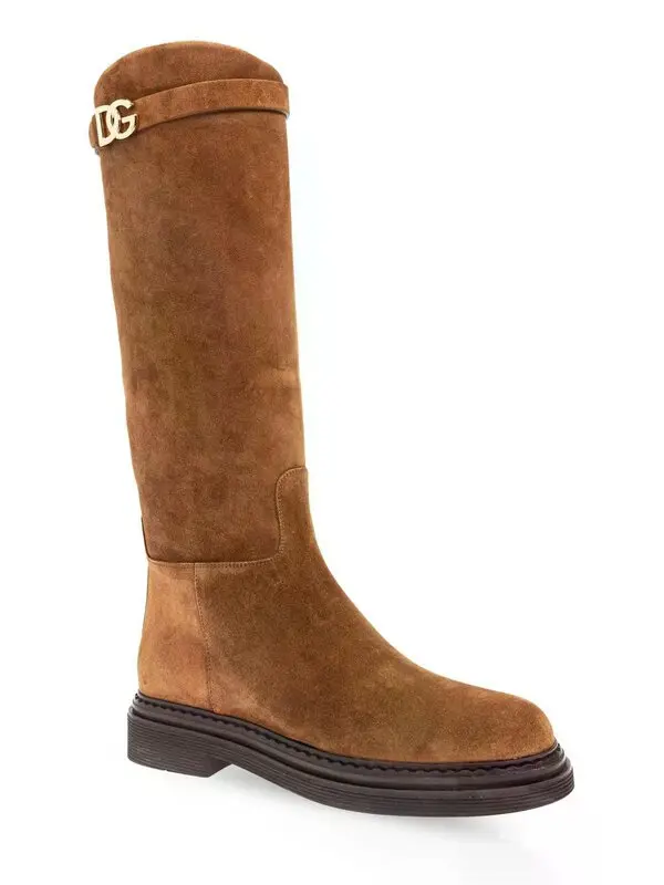 Dolce & Gabbana Suede Knee-high Boots With Dg Plaque - Brown