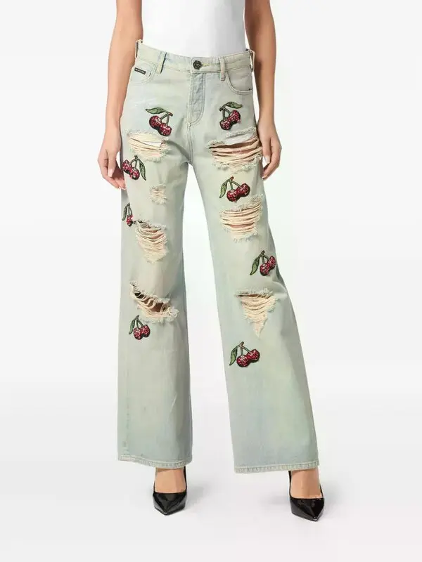Philipp Plein Distressed Cherry Appliqué Jeans