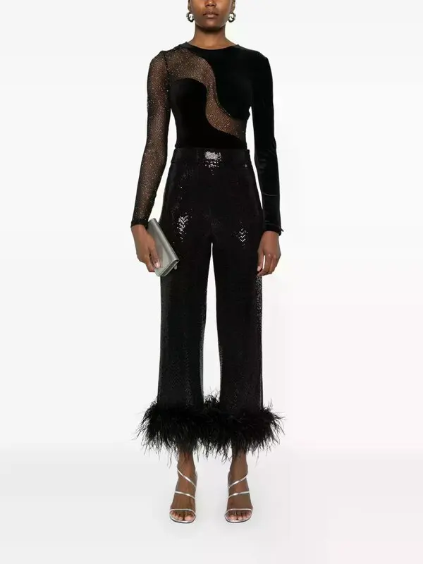 NISSA Sequin Feather Trimmed Trousers - Black