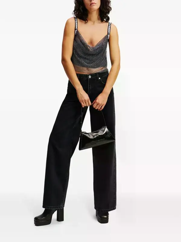 Karl Lagerfeld Chainmail Embellished Cowl Neck Cropped Top