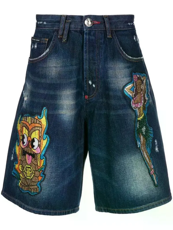 Philipp Plein Patch-detail Knee-length Denim Shorts