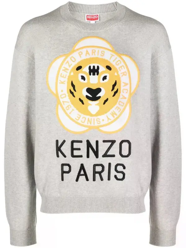 Kenzo Wool-cotton Blend Logo Patch Jumper - Grey