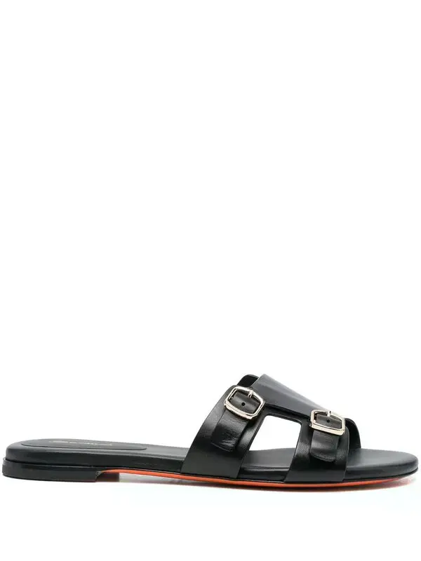 Santoni Double Strap Flat Leather Sandals - Black