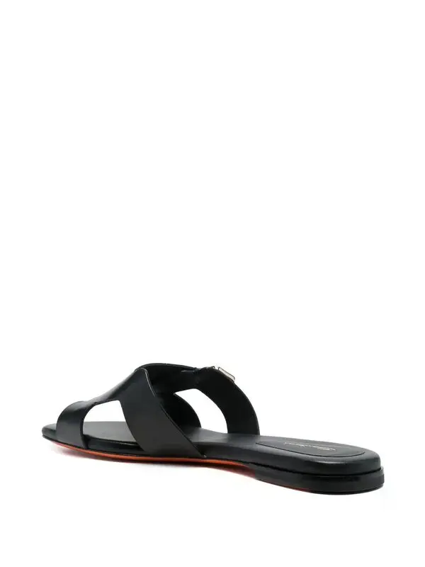 Santoni Double Strap Flat Leather Sandals - Black
