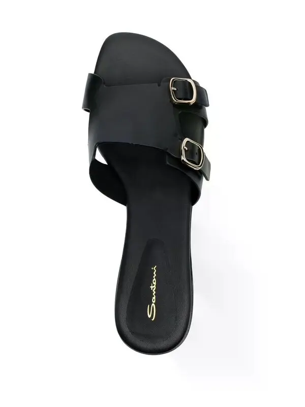 Santoni Double Strap Flat Leather Sandals - Black