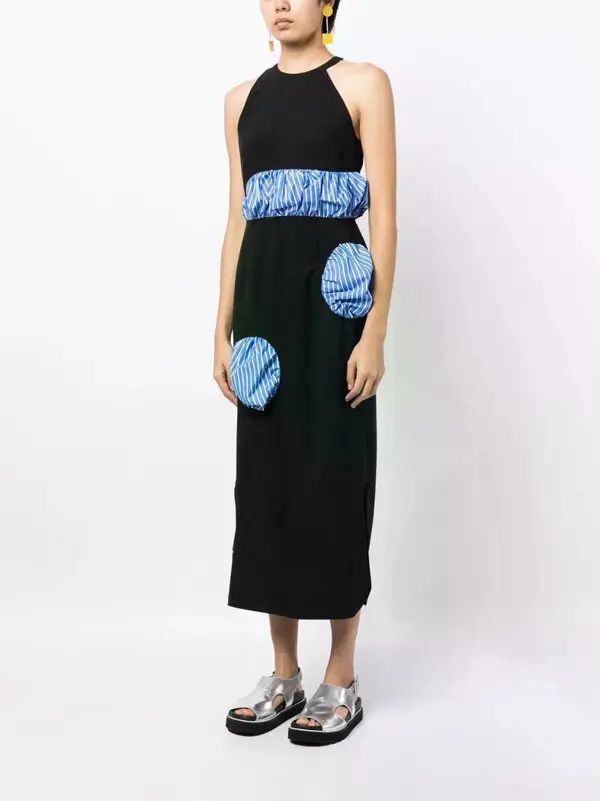 ENFOLD Halterneck Striped Panel Midi Dress