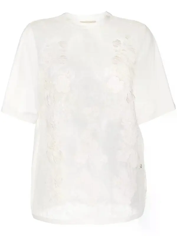 Elie Saab Floral-appliqué Sheer T-shirt - White