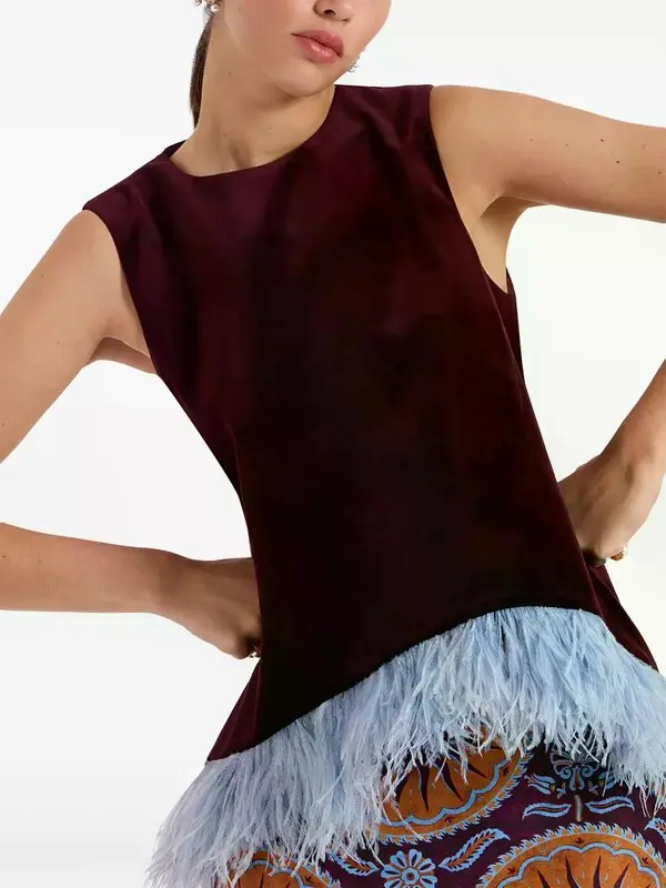 La DoubleJ La Scala Feather-trimmed Velvet Top