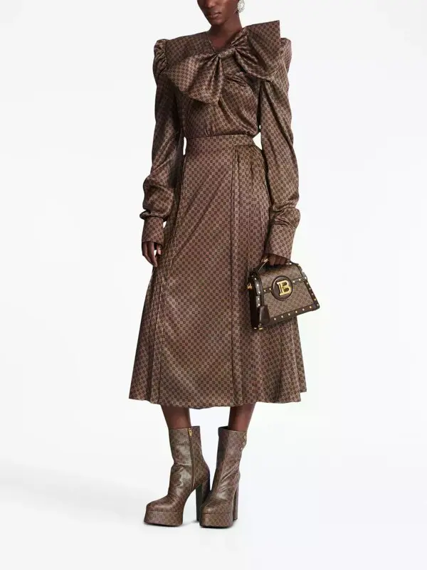 Balmain Monogram Print Pleated Midi Skirt - Brown