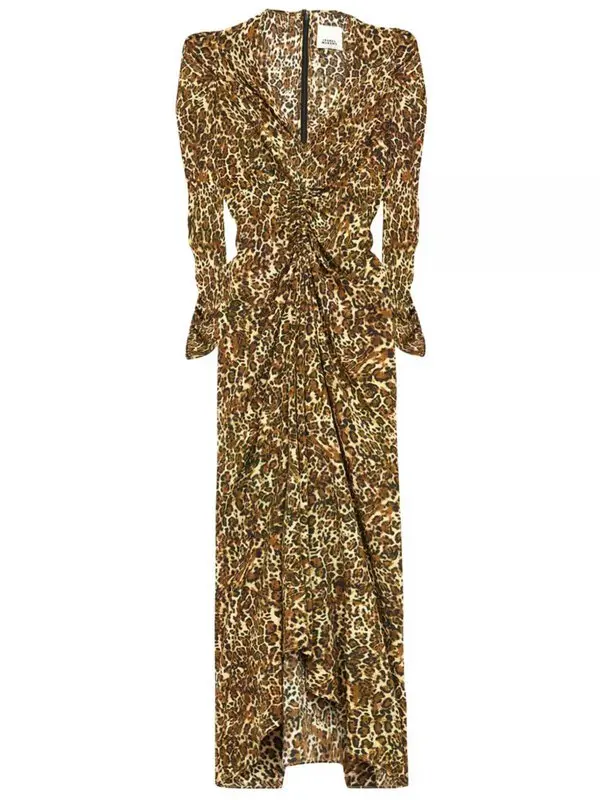 Isabel Marant Étoile Leopard Print Silk Blend Ruched Midi Dress - Brown