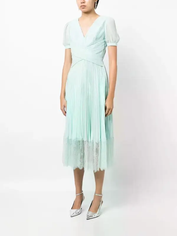 SELF-PORTRAIT Pleated Lace-trim Midi Dress
