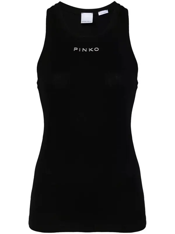 Pinko Ribbed Stretch Cotton Tank Top With Scoop Neck - Black
