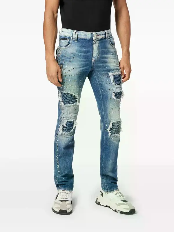 Philipp Plein Stud Embellished Distressed Denim Jeans