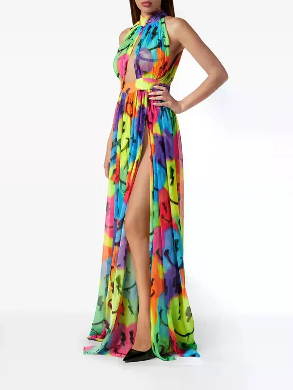 Philipp Plein Smile Print Chiffon Maxi Dress