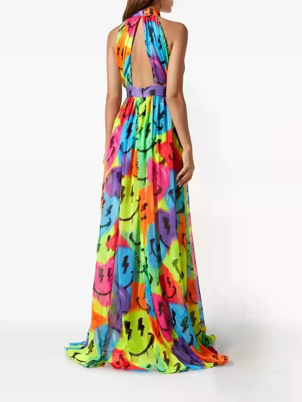 Philipp Plein Smile Print Chiffon Maxi Dress