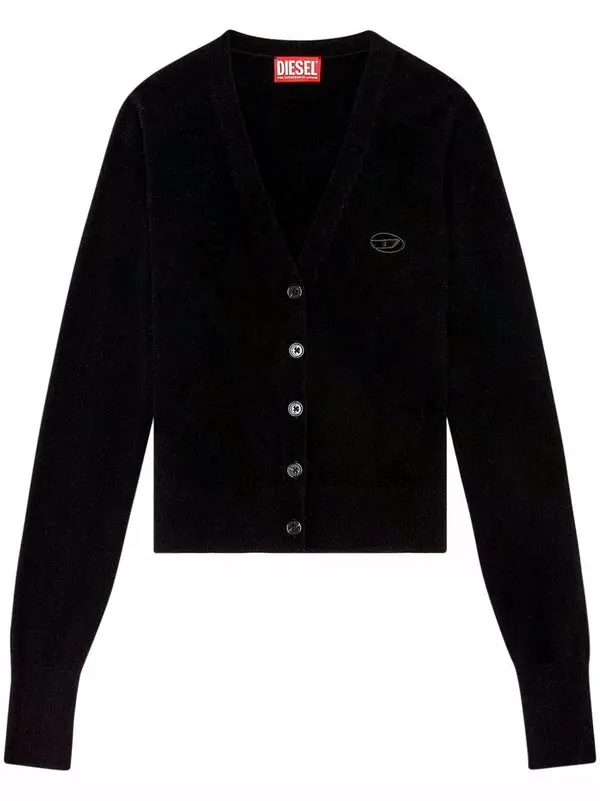 DIESEL® Wool-blend V-neck Cardigan With Embroidered Logo - Black