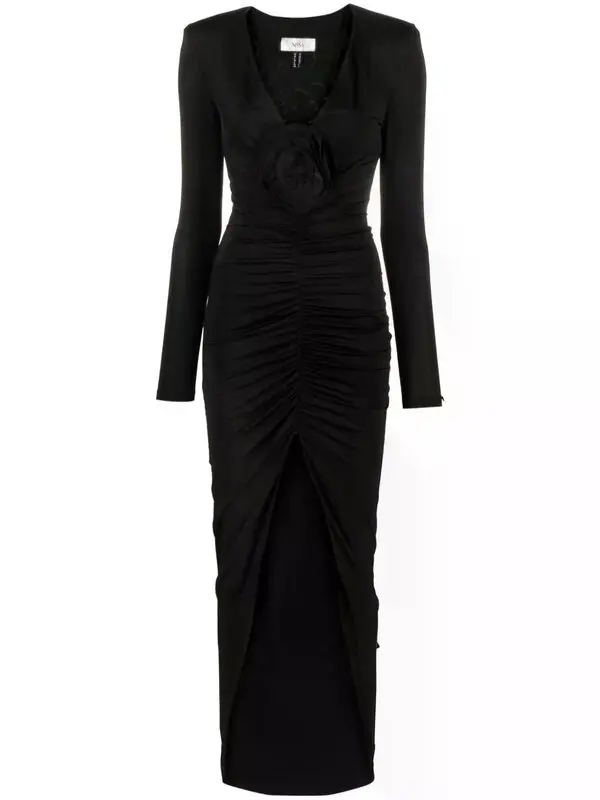 NISSA Floral Appliqué Ruched Maxi Dress - Black