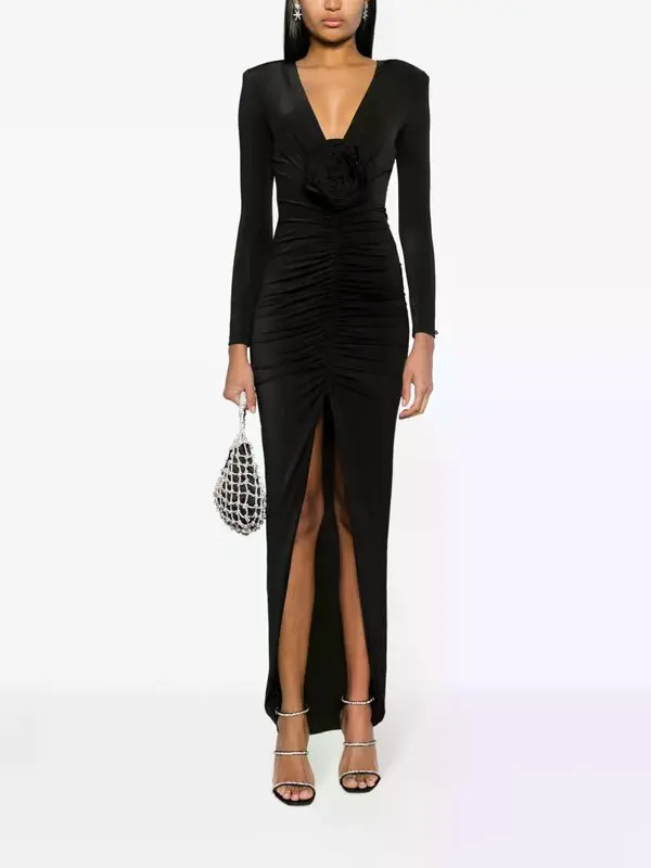 NISSA Floral Appliqué Ruched Maxi Dress - Black